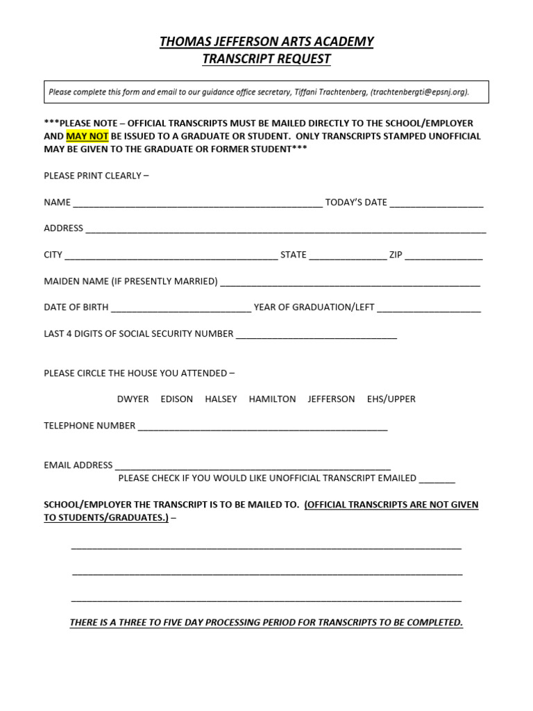 Transcript Request Form Tjaa 2022 | PDF