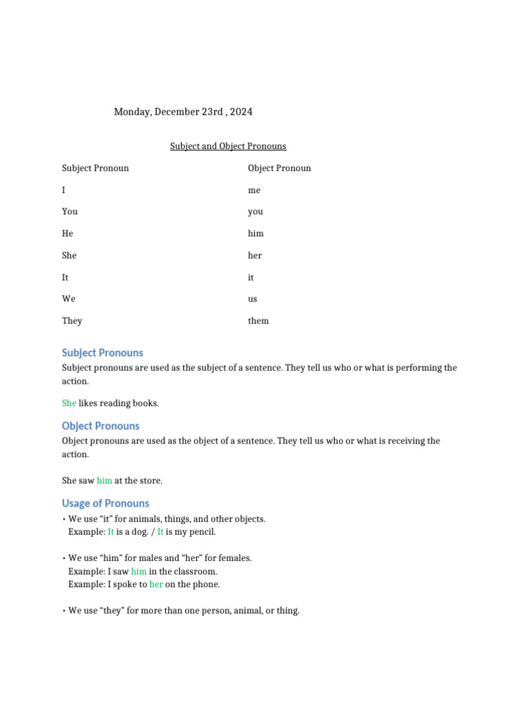 Subject and Object Pronouns Explained | PDF