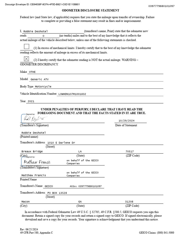 Federal Odometer Disclosure Statement | PDF
