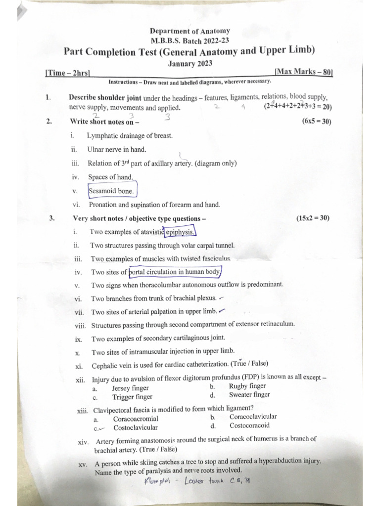 Gen Anat + Upper Limb (Jan 2023) | PDF | Hand | Musculoskeletal System