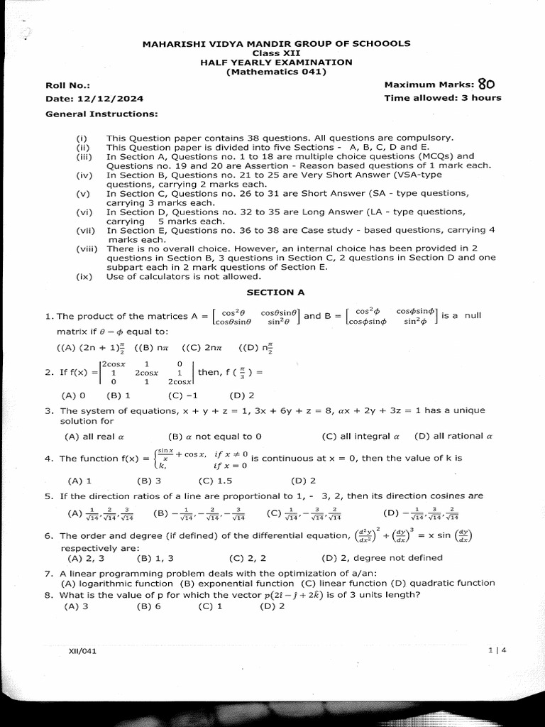 Styd XII Mathematics QP 12.12.2024 | PDF