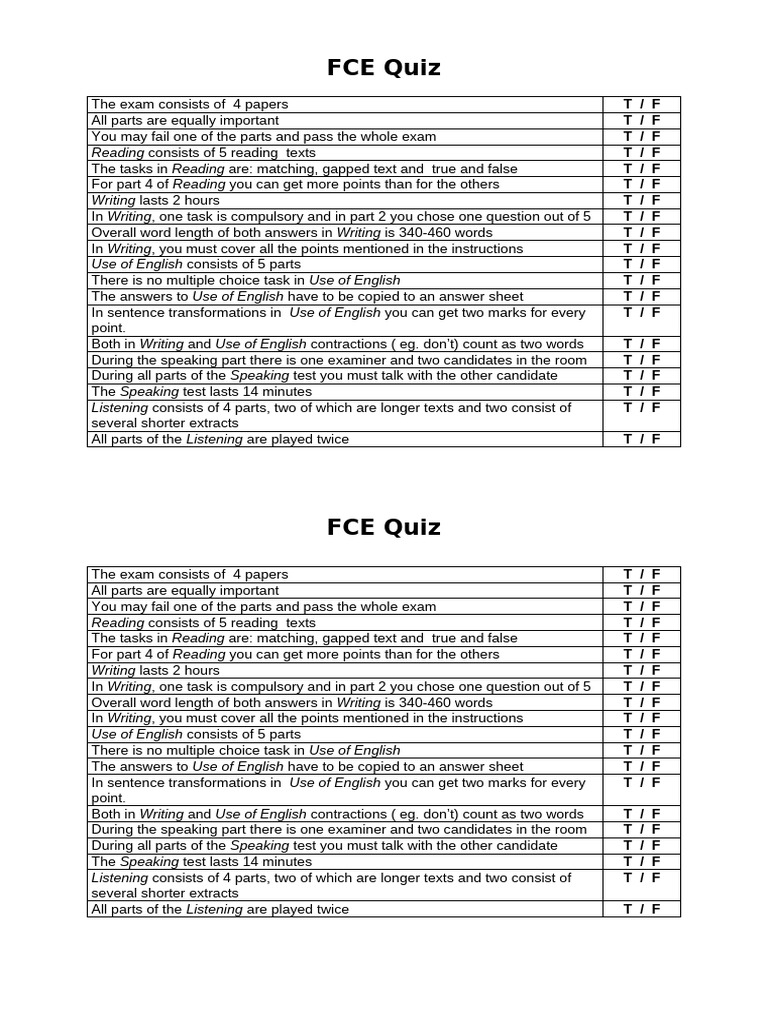 FCE Quiz | PDF | Multiple Choice | English Language