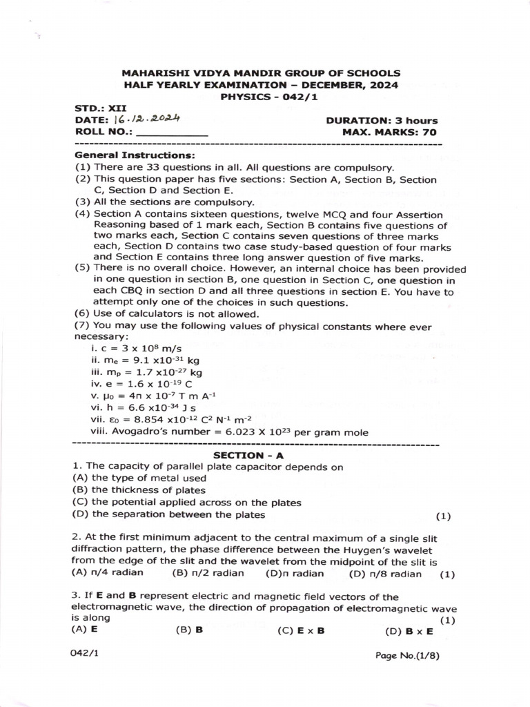 STD XII Physics QP 16.12.2024 | PDF | Inductor | Silicon