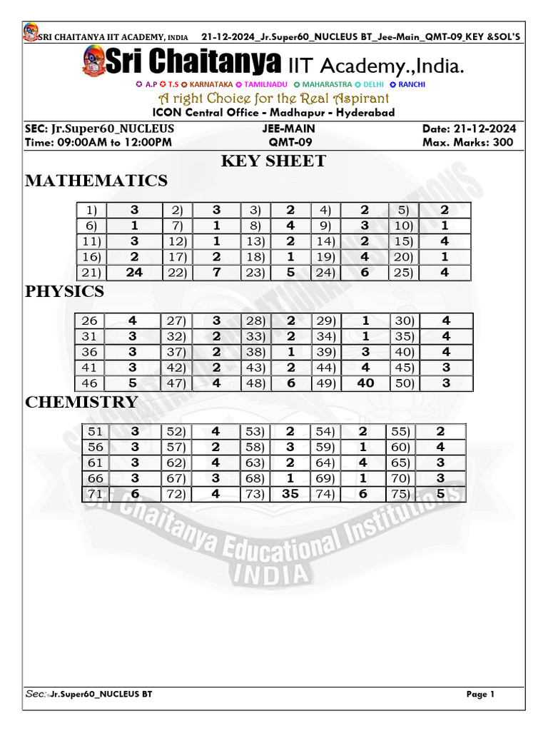 21-12-2024 JR - Super60 Nucleus BT Jee-Main Qmt-09 Key & Sol's | PDF ...