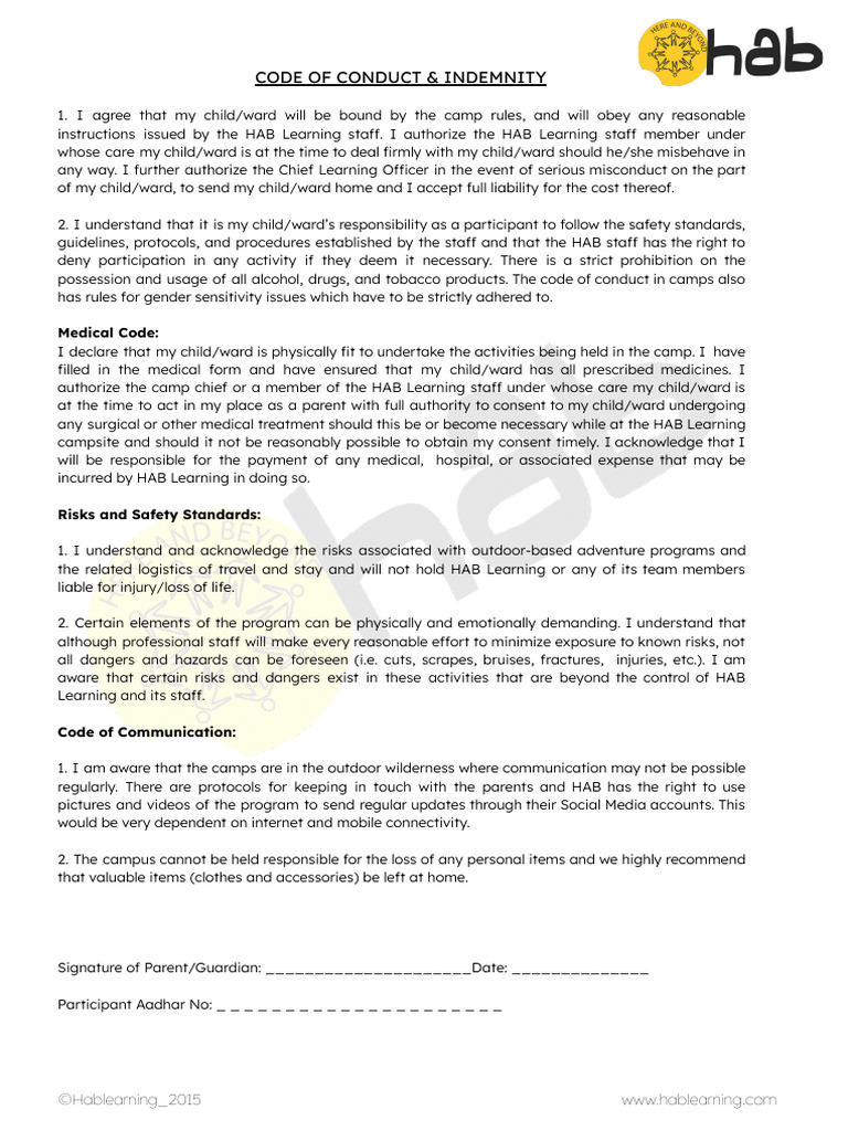 HAB Indemnity Form for Parents | PDF | Informed Consent | Health Care