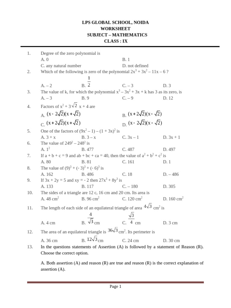 Class -IX Worksheet | PDF | Area | Mathematics