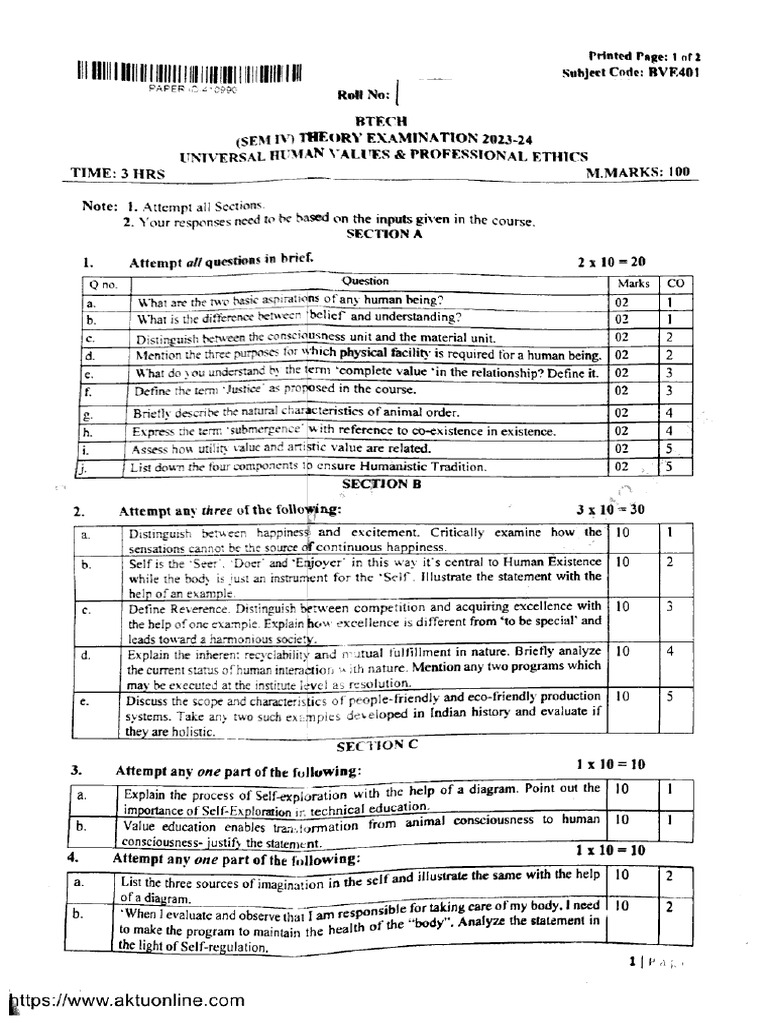 Btech Ve 4 Sem Universal Human Values and Professional Ethics Bve401 ...