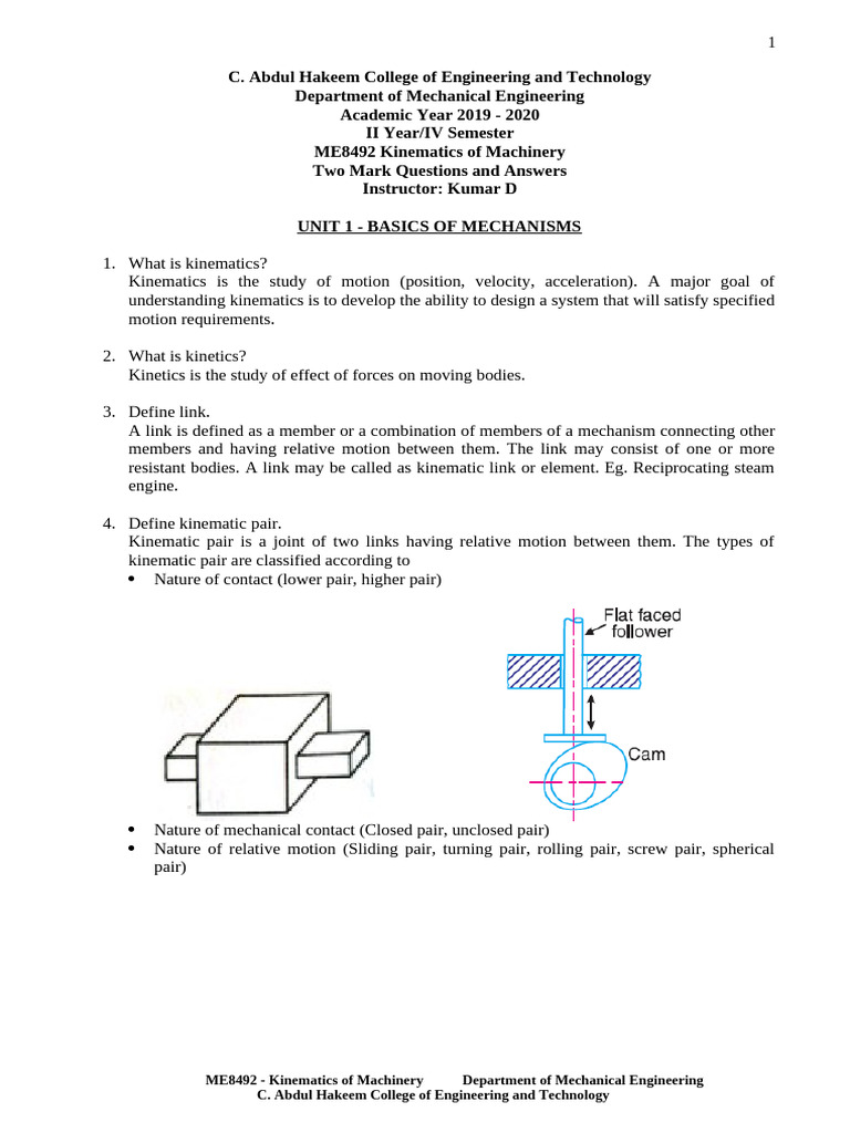 2 ME8492 KOM Two Marks Q and A | PDF | Kinematics | Machines