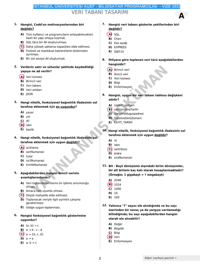 BLPR1002 VERİ TABANI TASARIMI A Kitapçığı 1 | PDF