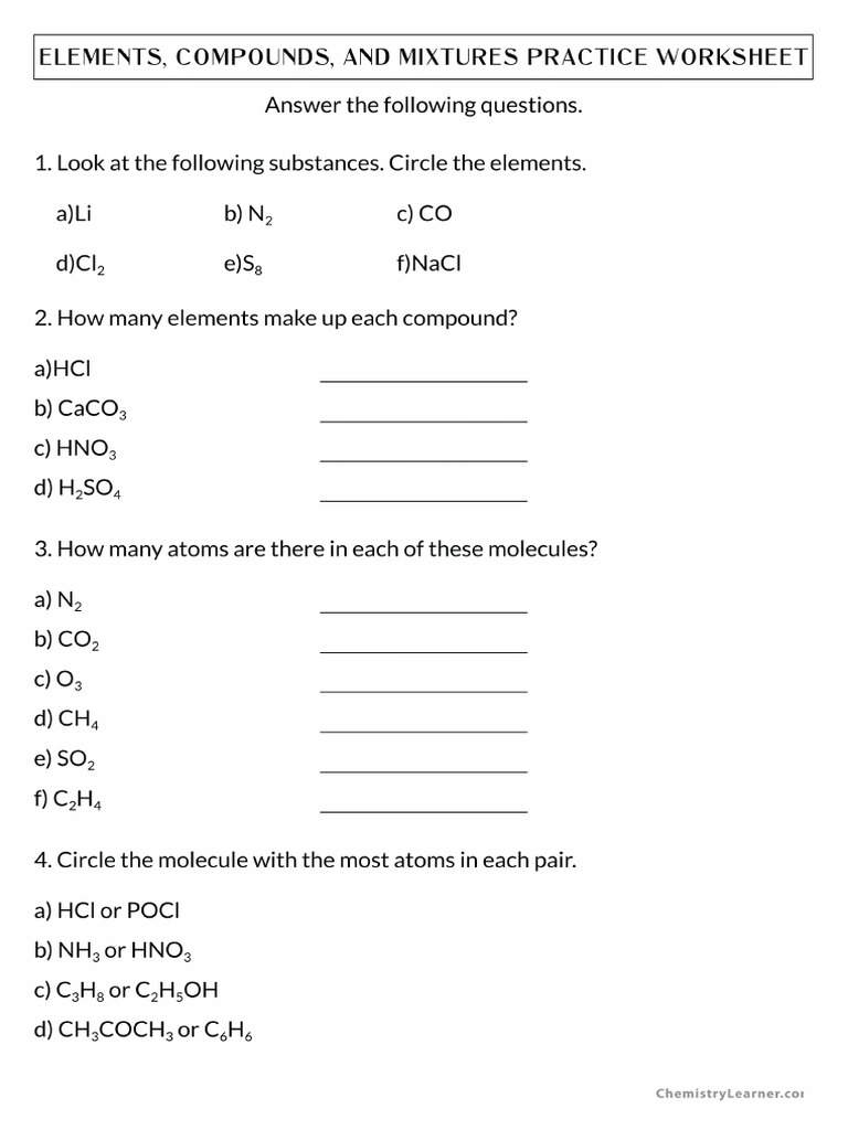 Elements Compounds and Mixtures Worksheet With Answers | PDF