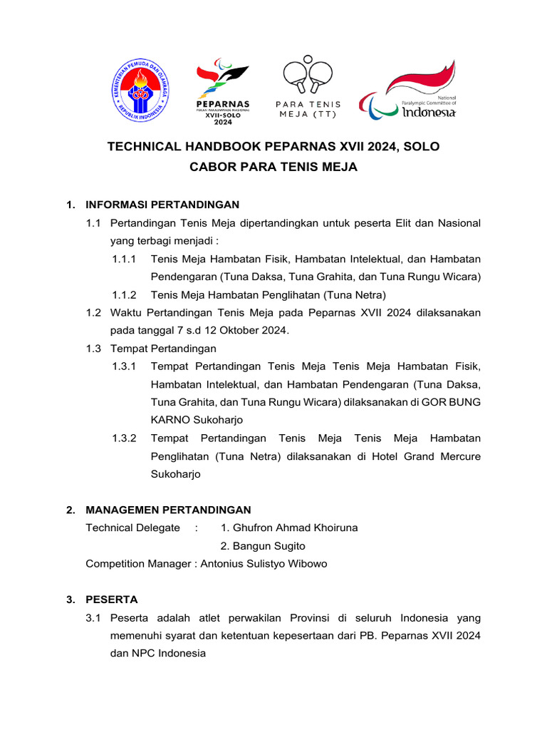 TECHNICAL HANDBOOK TENIS MEJA PEPARNAS XVII 2024 SOLO Revisi | PDF