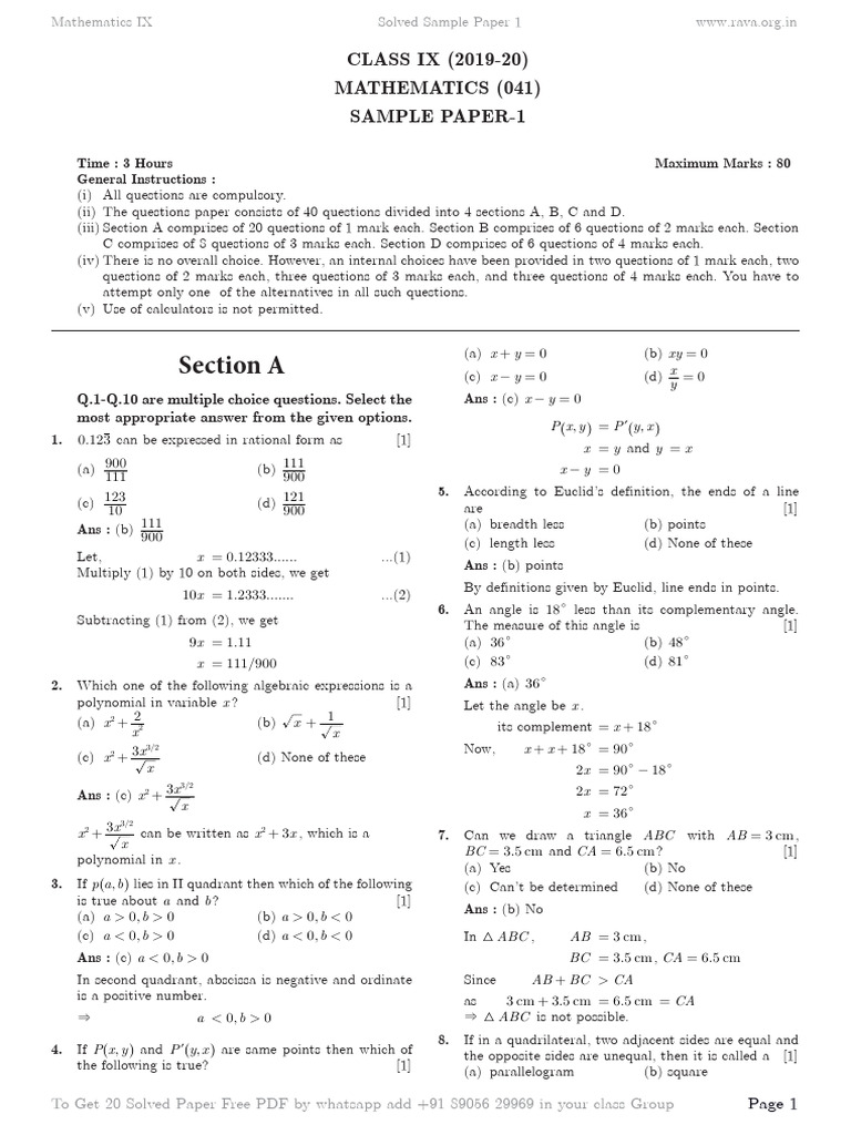 Class Ix Maths Latest Sample Papers 2019 20 Solved | PDF | Area | Euclid
