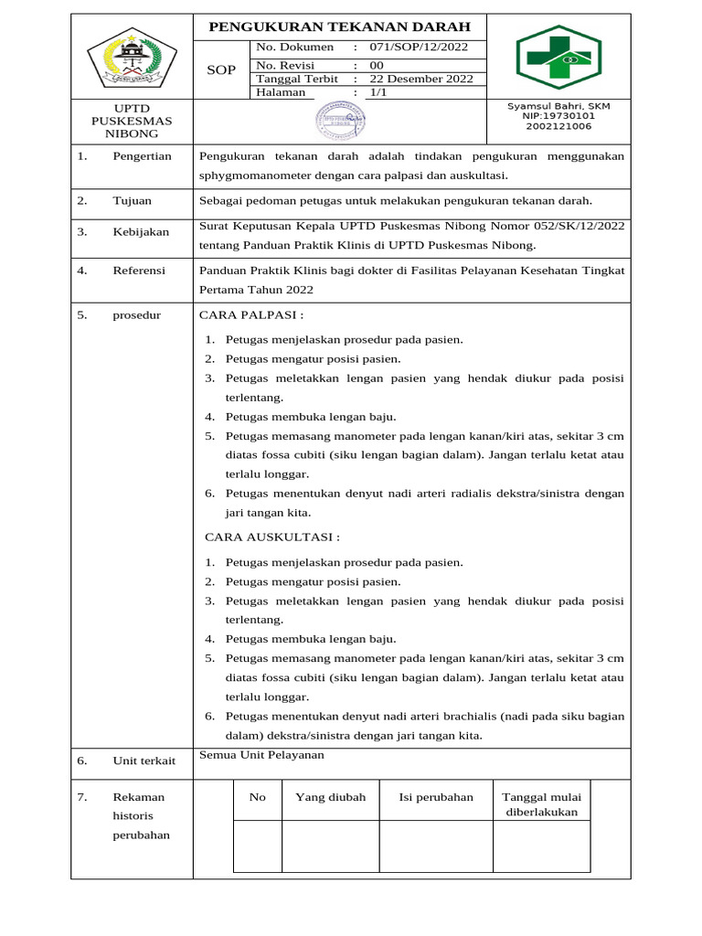 Sop Pengukuran Tekanan Darah | PDF