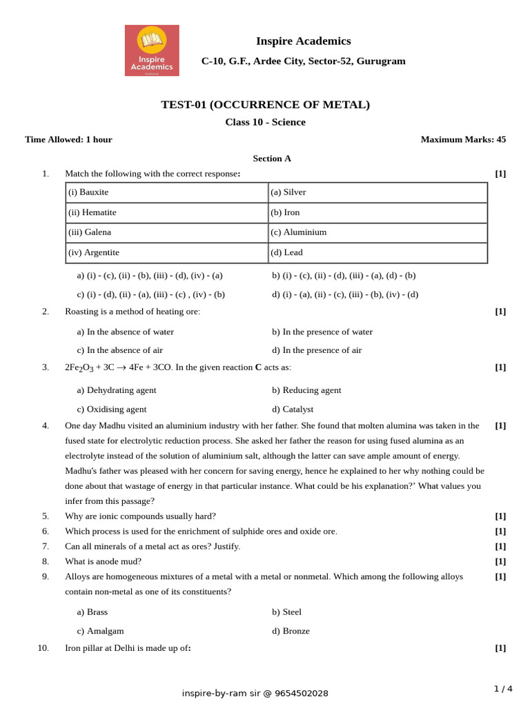 Class 10 Science Metal Occurrence Test | PDF | Metals | Iron