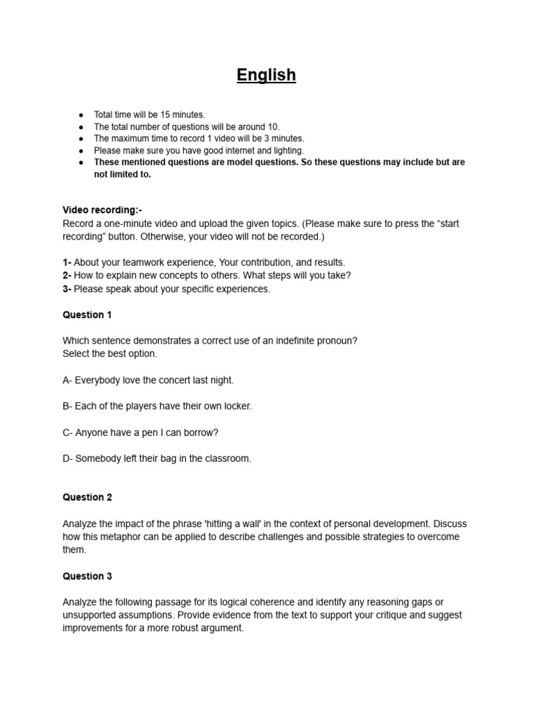 English Interview Question Model For AI Trainer | PDF