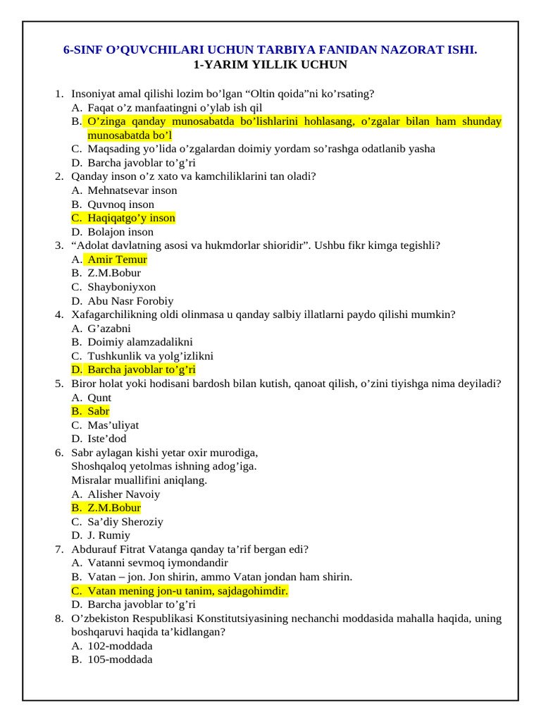 6-Sinf Tarbiya 1-Yarim Yillik Nazorat Ishi | PDF