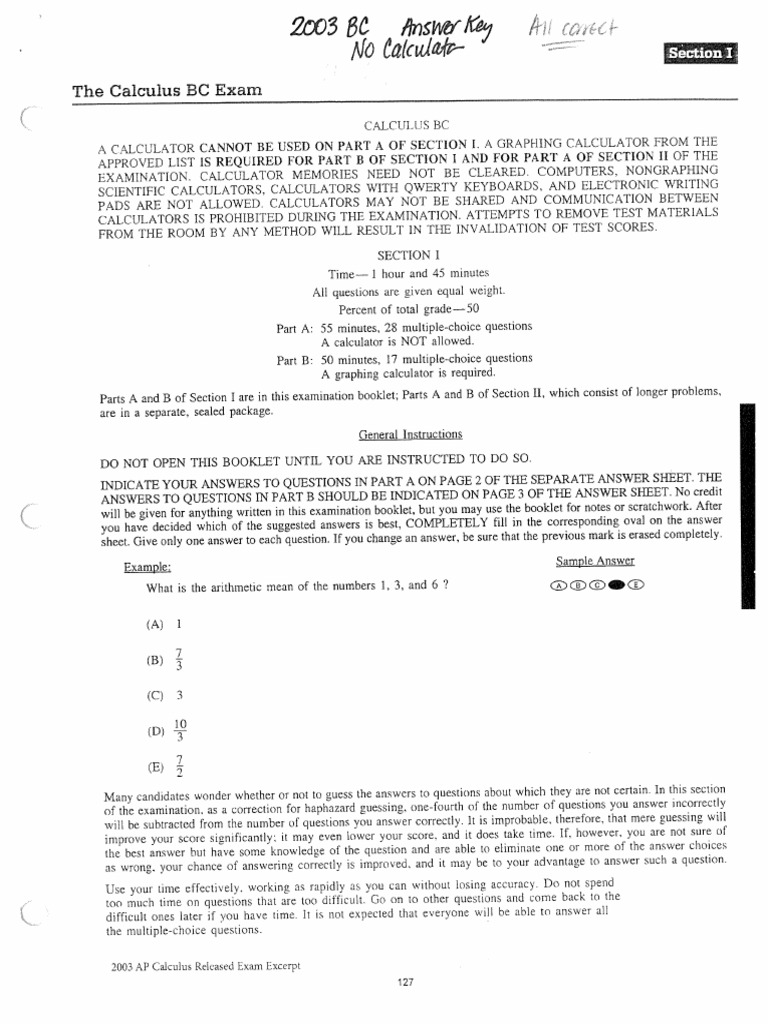 2003 BC Multiple Choice Solutions | PDF