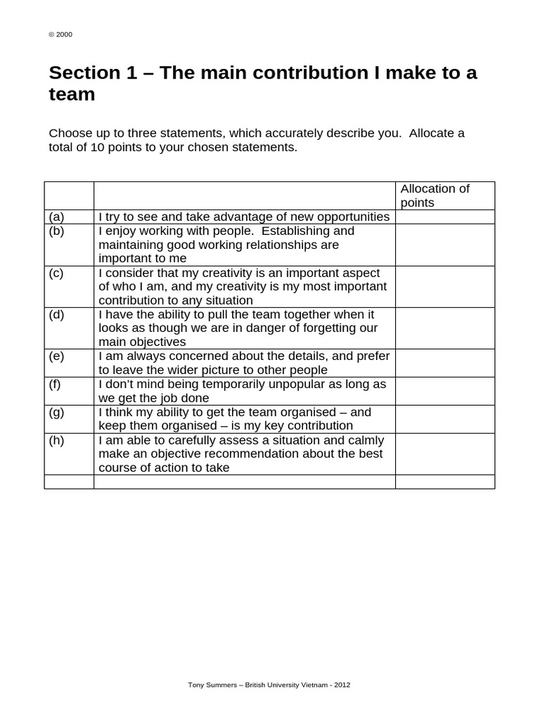 W1 Tutorial Belbin Psychometric | PDF | Social Psychology | Psychological Concepts