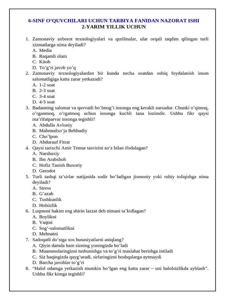 6-Sinf Tarbiya 2-Yarim Yillik Nazorat Ishi | PDF