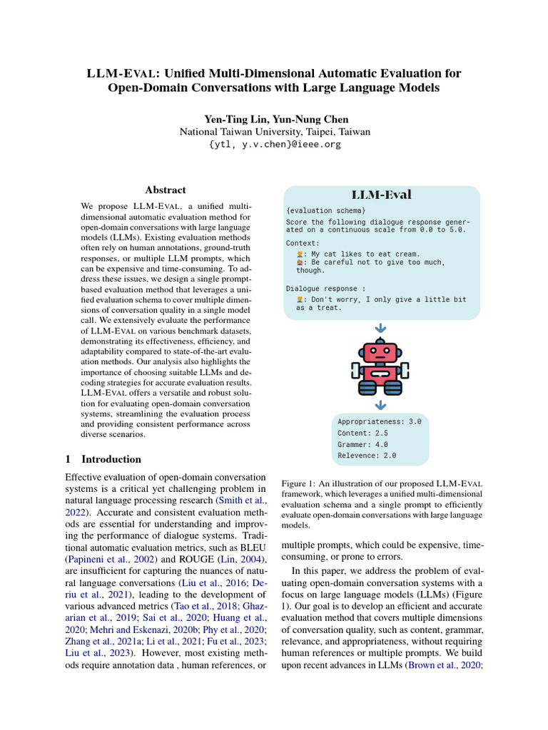 LLM-EVAL - Unified Multi-Dimensional Automatic Evaluation For Open-Domain Conversations With ...