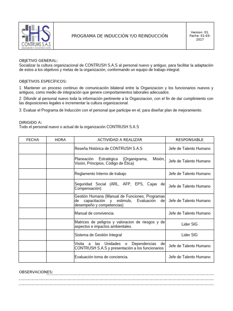 Programa de induccion y reinduccion | PDF | Business