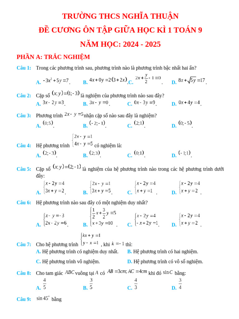 De Cuong GK Mon Toan 9. | PDF