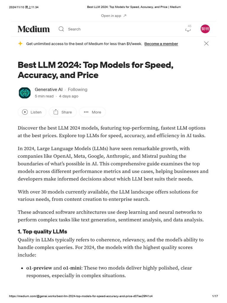 Best LLM 2024 - Top Models For Speed, Accuracy, and Price - Medium | PDF | Information Science ...