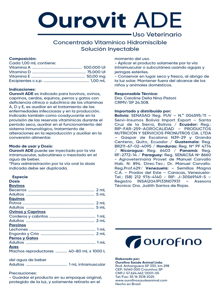Ourovit ADE: Suplemento vitamínico veterinario | PDF | Inyección (medicina)
