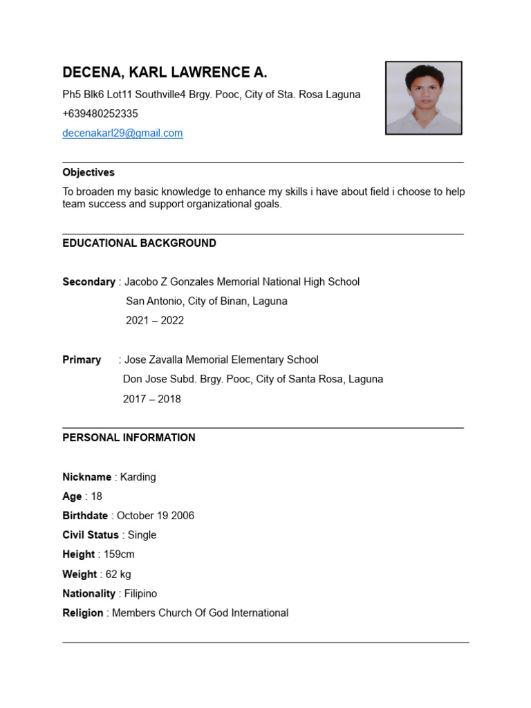 Activity-1 - Karl Lawrence A Decena - Biodata | PDF