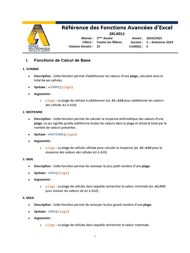 Référence des Fonctions Excel Avancées | PDF | Microsoft Excel