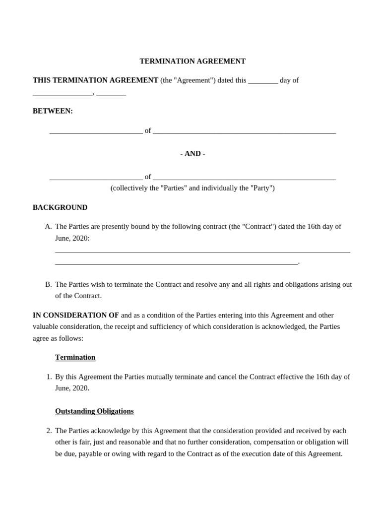 Contract Termination Agreement Template | PDF | Consideration ...