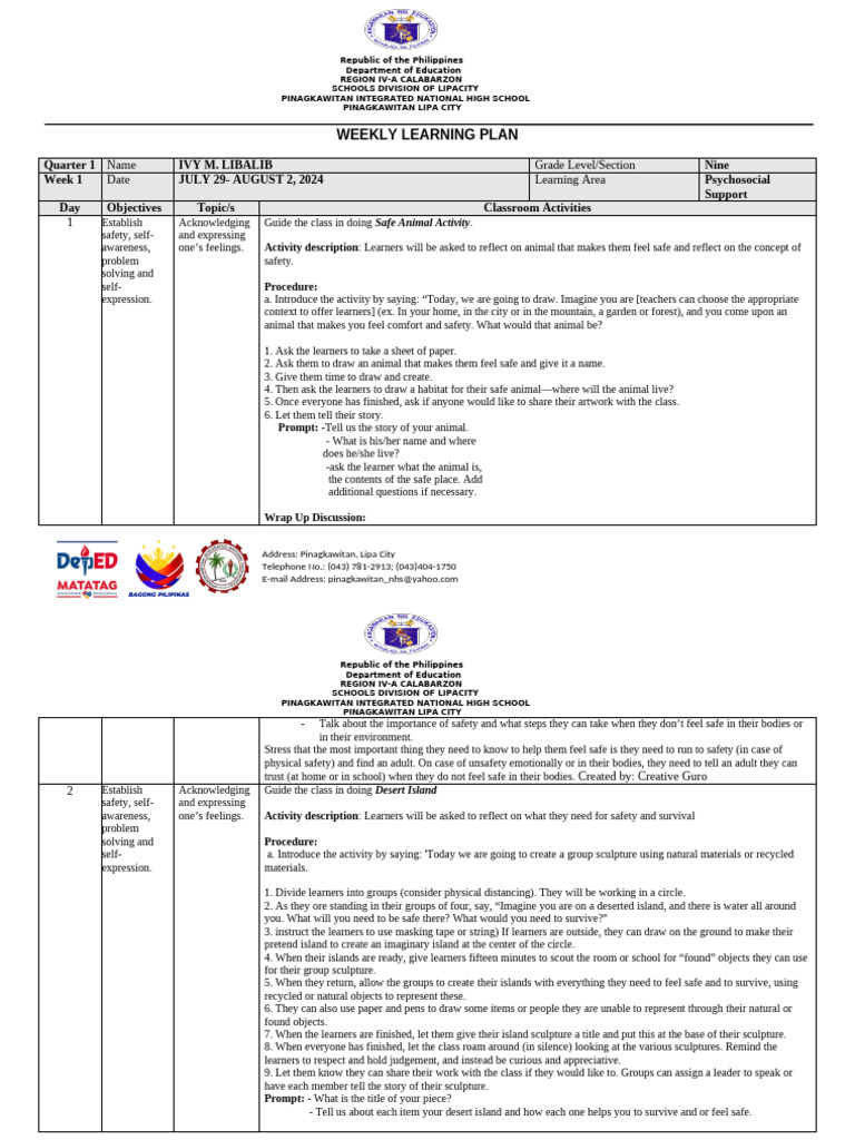 WEEKLY LEARNING PLAN MAPEH Psychosocial | PDF | Learning | Emergency