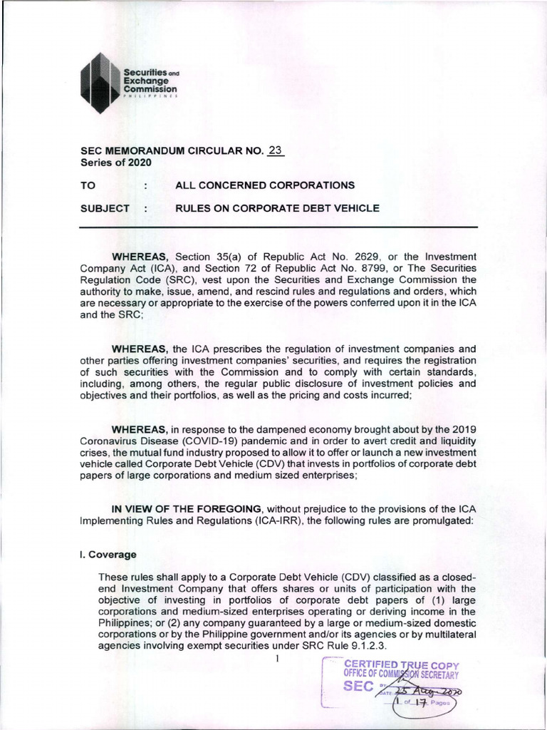 SEC Memorandum Circular No 23 Series of 2020 | PDF | Securities (Finance) | Investing
