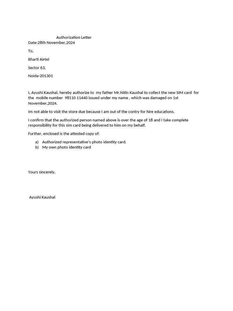 IR Sim Change Authority Letter | PDF