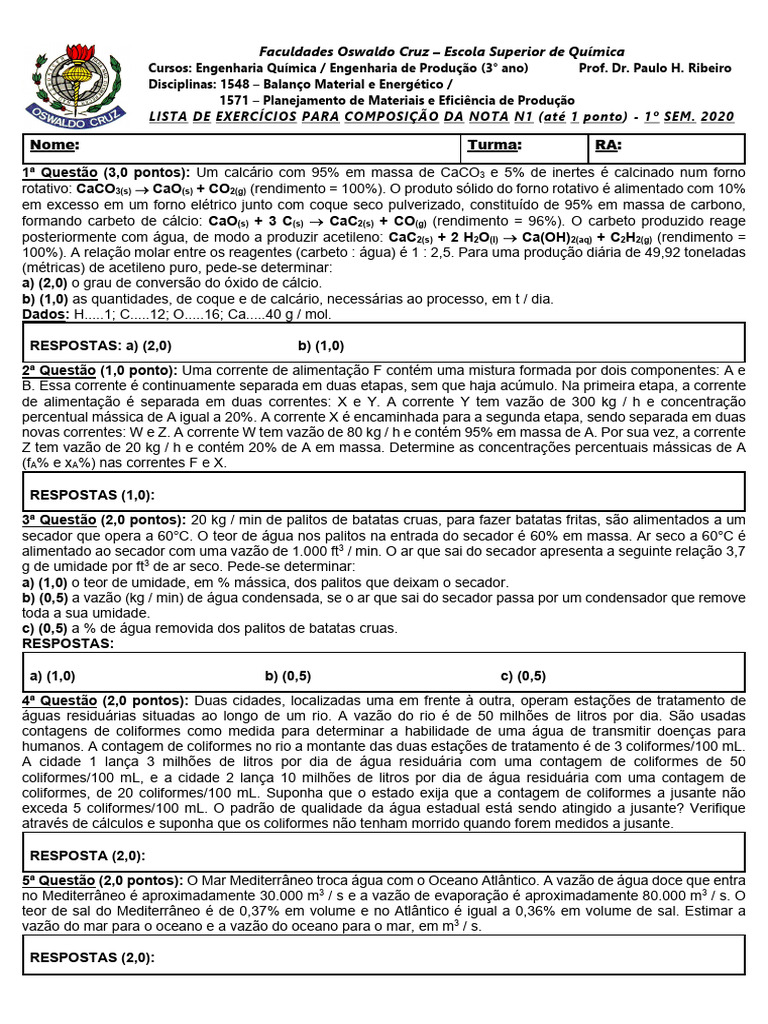 Lista de Exercícios Bme 1° Sem 2020 - 2 | PDF | Cálcio