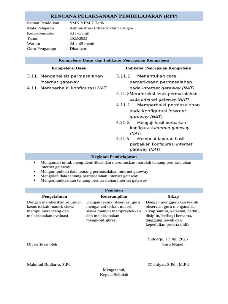 RPP Dhaniyar Administrasi Infrastruktur Jaringan 11 | PDF
