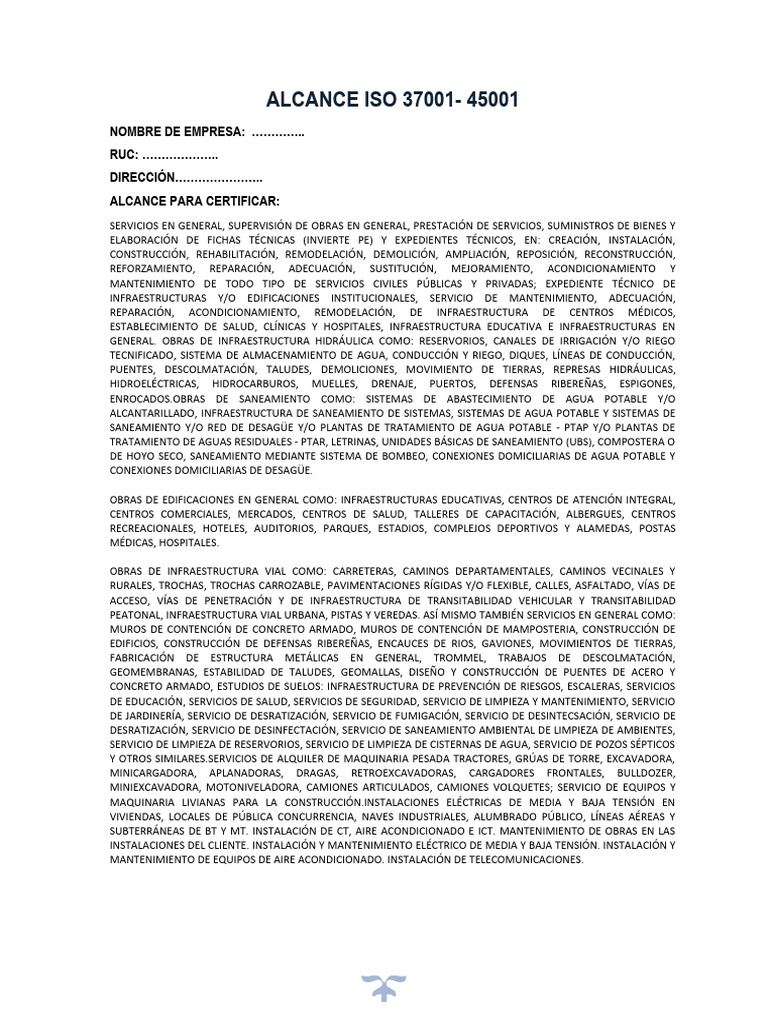 Alcance Iso 37001 - 45001 | PDF | Saneamiento | Suministro de agua