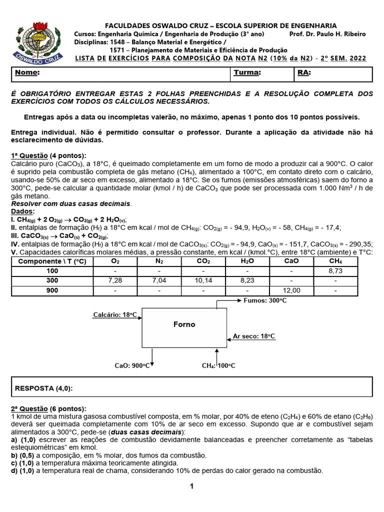 LISTA DE EXERCÍCIOS BME 2° SEM 2022 | PDF | Metano | Combustão