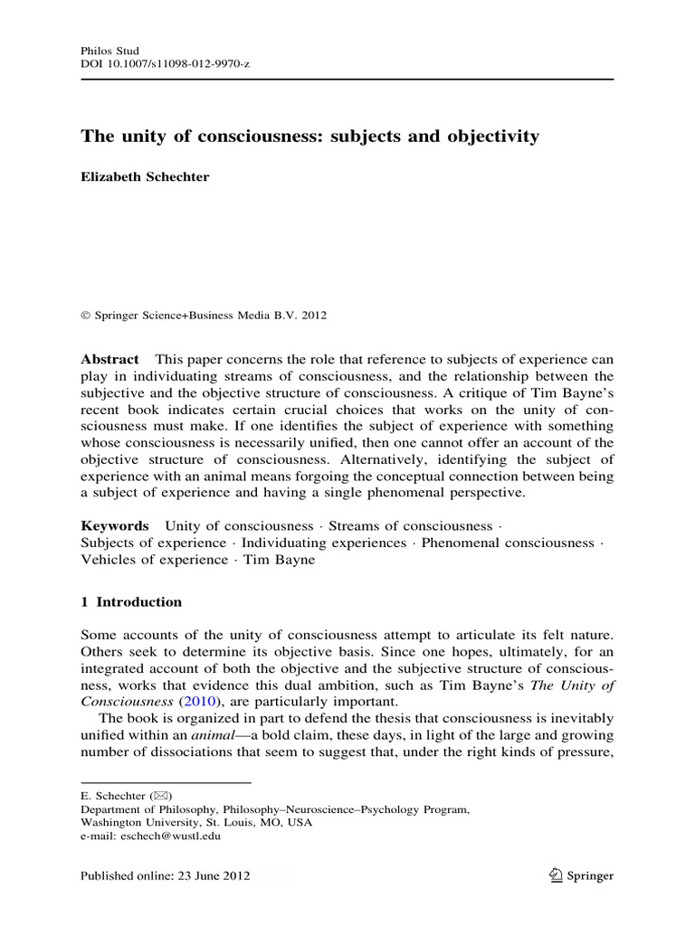 Unity of Consciousness Subjects and Obje | PDF | Experience | Consciousness