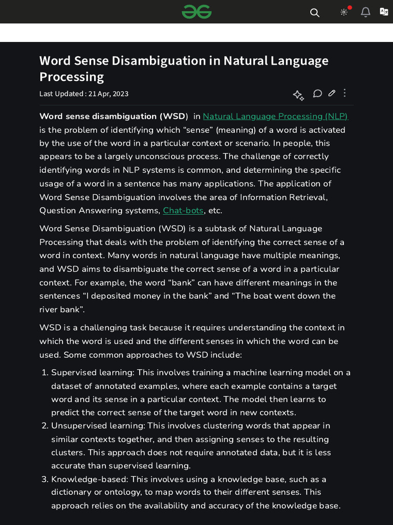 Word Sense Disambiguation in Natural Language Processing - GeeksforGeeks | PDF | Artificial ...