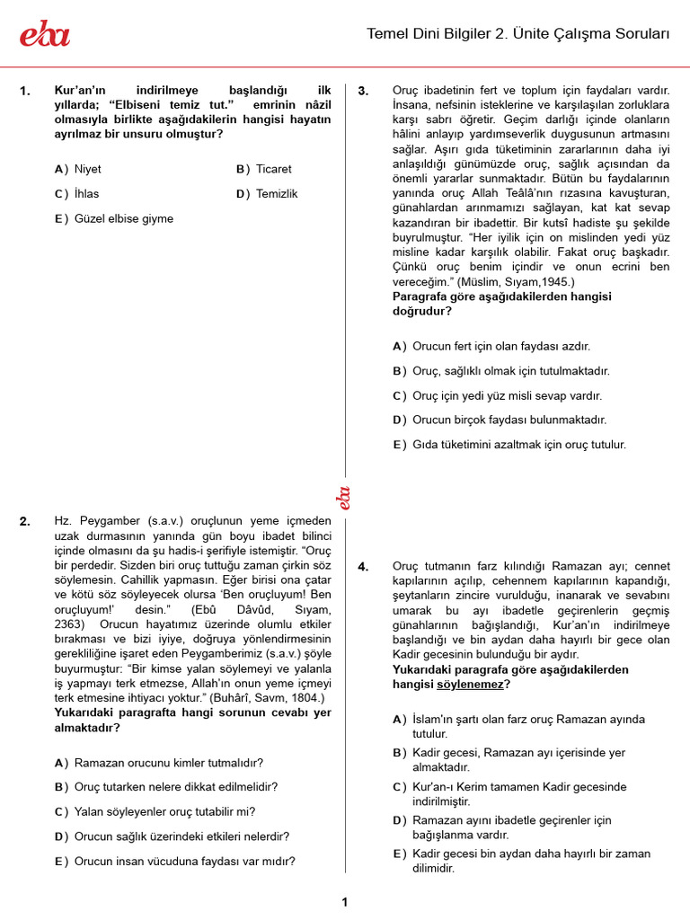 Temel Dini Bilgiler 2. Unite Calisma Sorulari | PDF