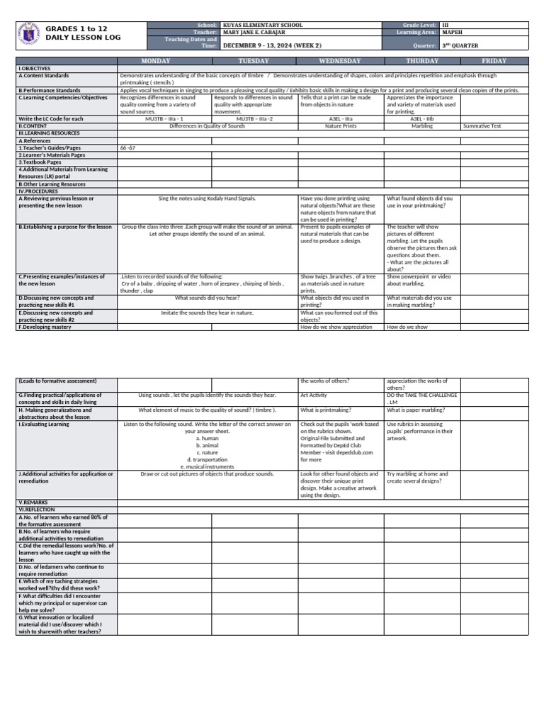 DLL_MAPEH 3_Q3_W2 | PDF | Learning | Teachers