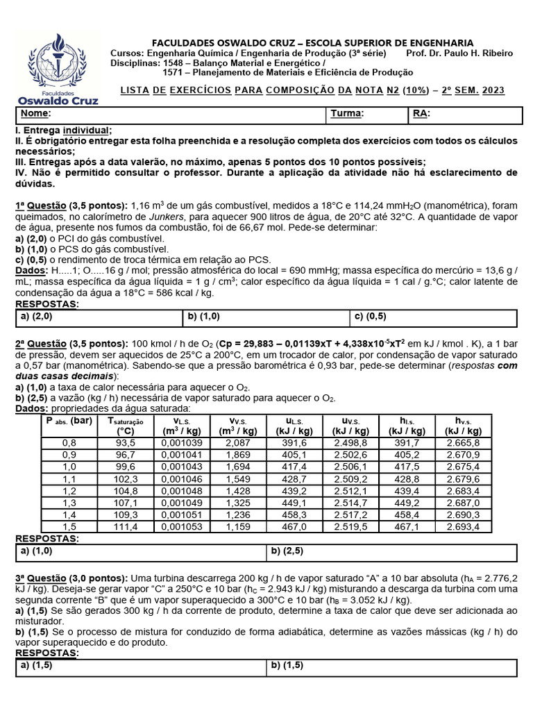 Lista de Exercícios Bme 2° Sem 2023 | PDF | Química | Quantidade