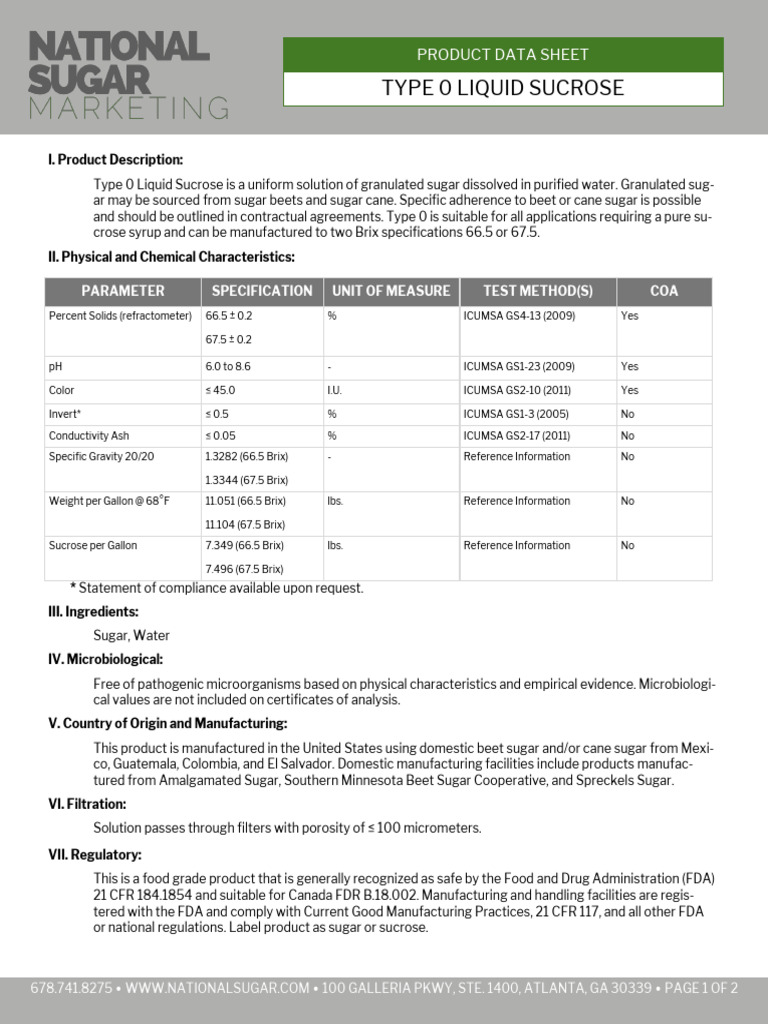 PDS-00-Type+0+Liquid+Sucrose | PDF | Sucrose | Sugar