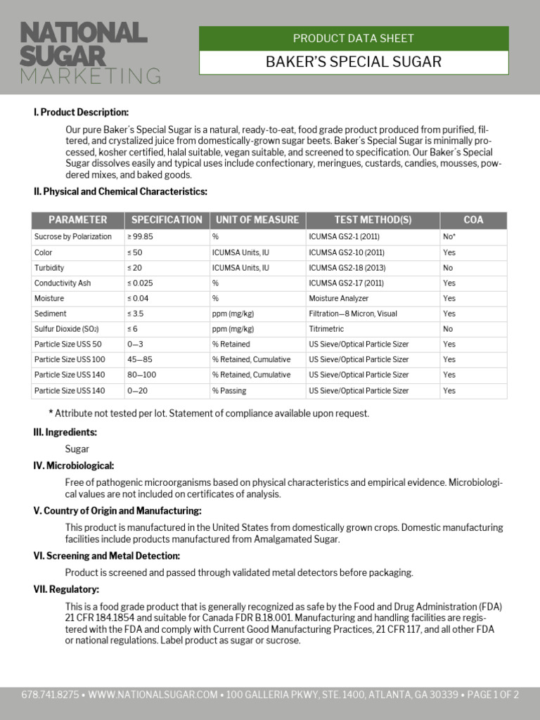 PDS-00-Granulated+Sugar,+Baker's+Special PRODUCT DATA SHEET | PDF ...