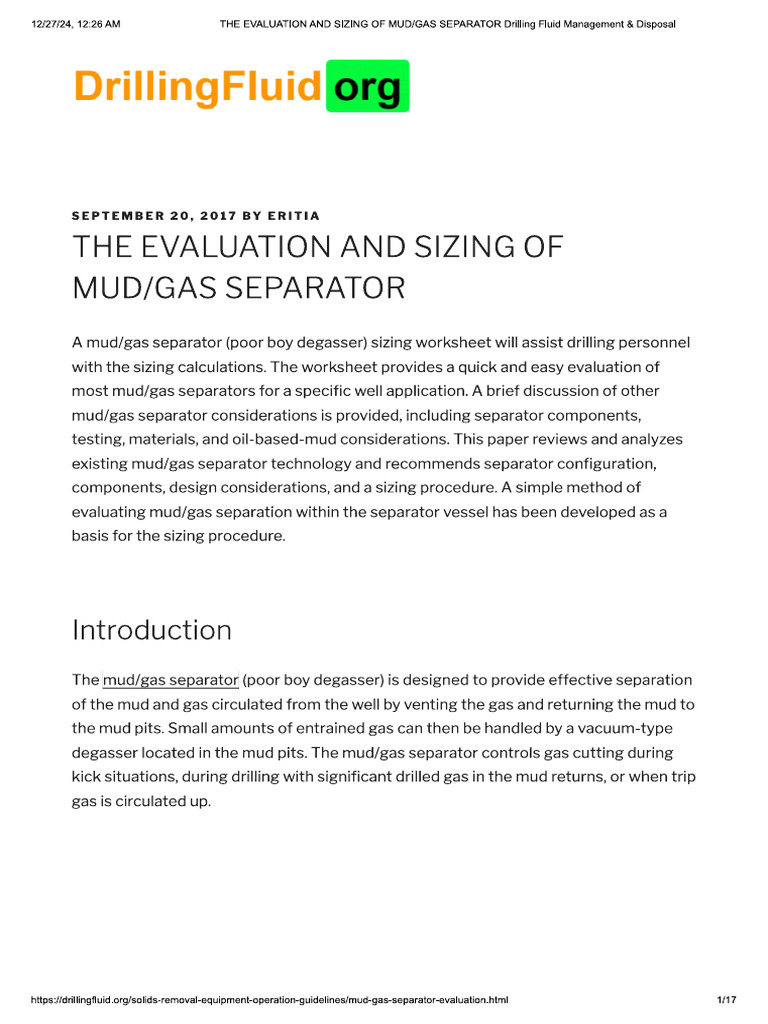 The Evaluation and Sizing Of Mud Gas Separator | PDF