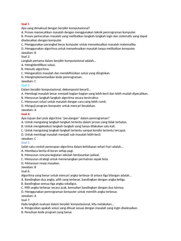 Kisi-Kisi Soal Informatika Kelas X | PDF