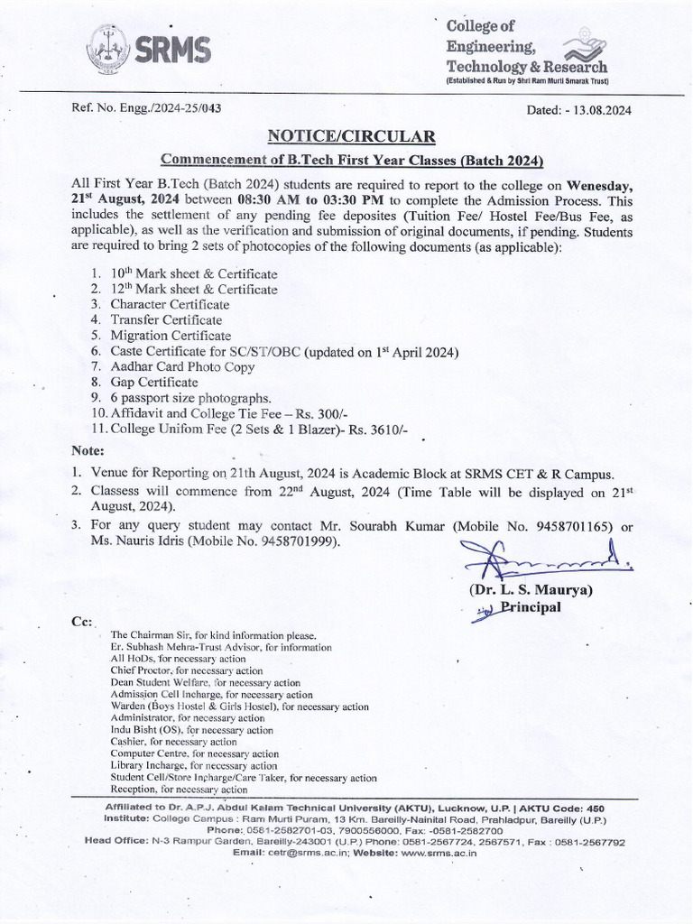 Commencement of B.tech First Year Class Batch 2024 | PDF