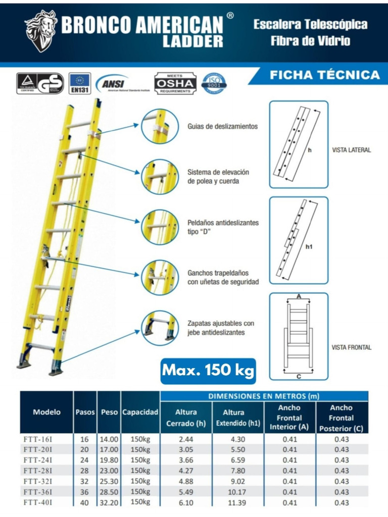 FICHA DE ESCALERA TELESCOPICA DE 24 PASOS 150kg Bronco American Ladder ...