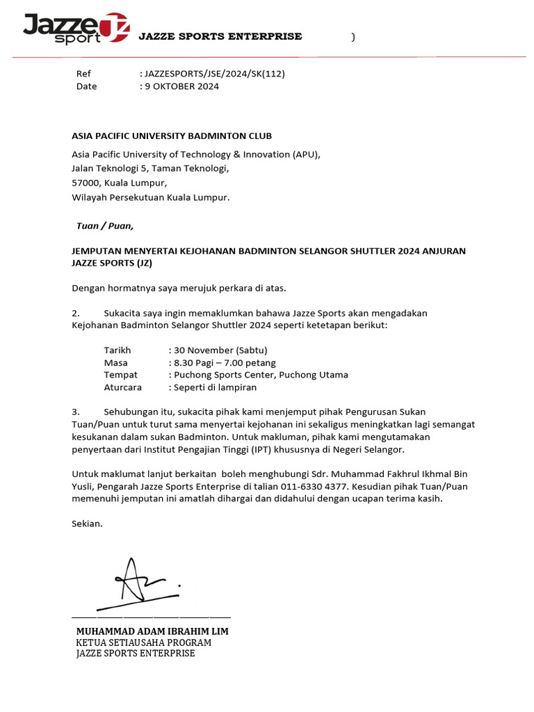 (APU) Surat Jemputan Menyertai Selangor Shuttler 2024 | PDF